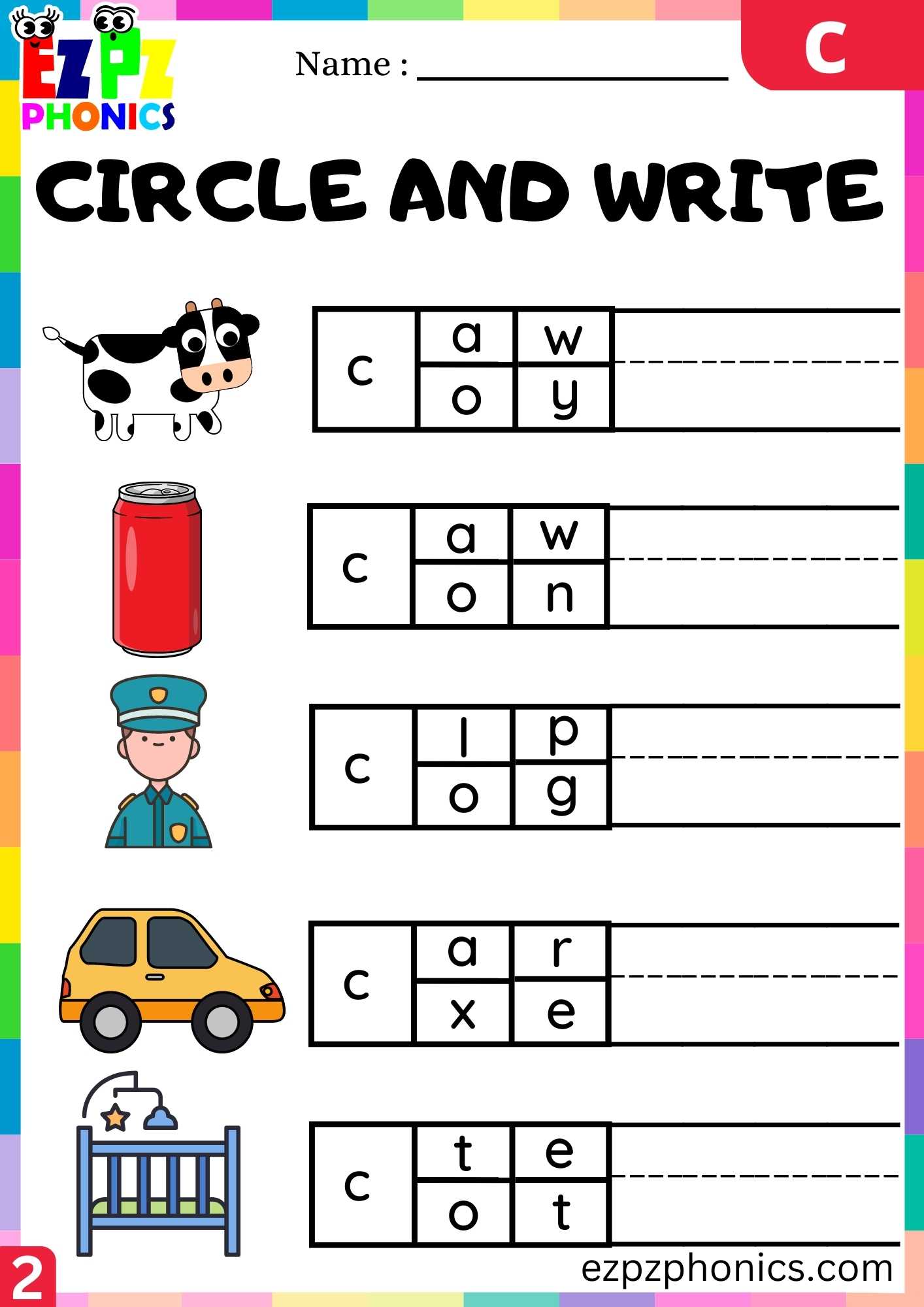 Group2 Letter C Circle And Write Beginning Sounds Worksheet - ezpzphonics.com
